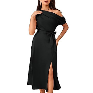 Women's Sleeveless One Shoulder Midi Wedding Guest Dress Semi Formal Dresses for Women Black XL