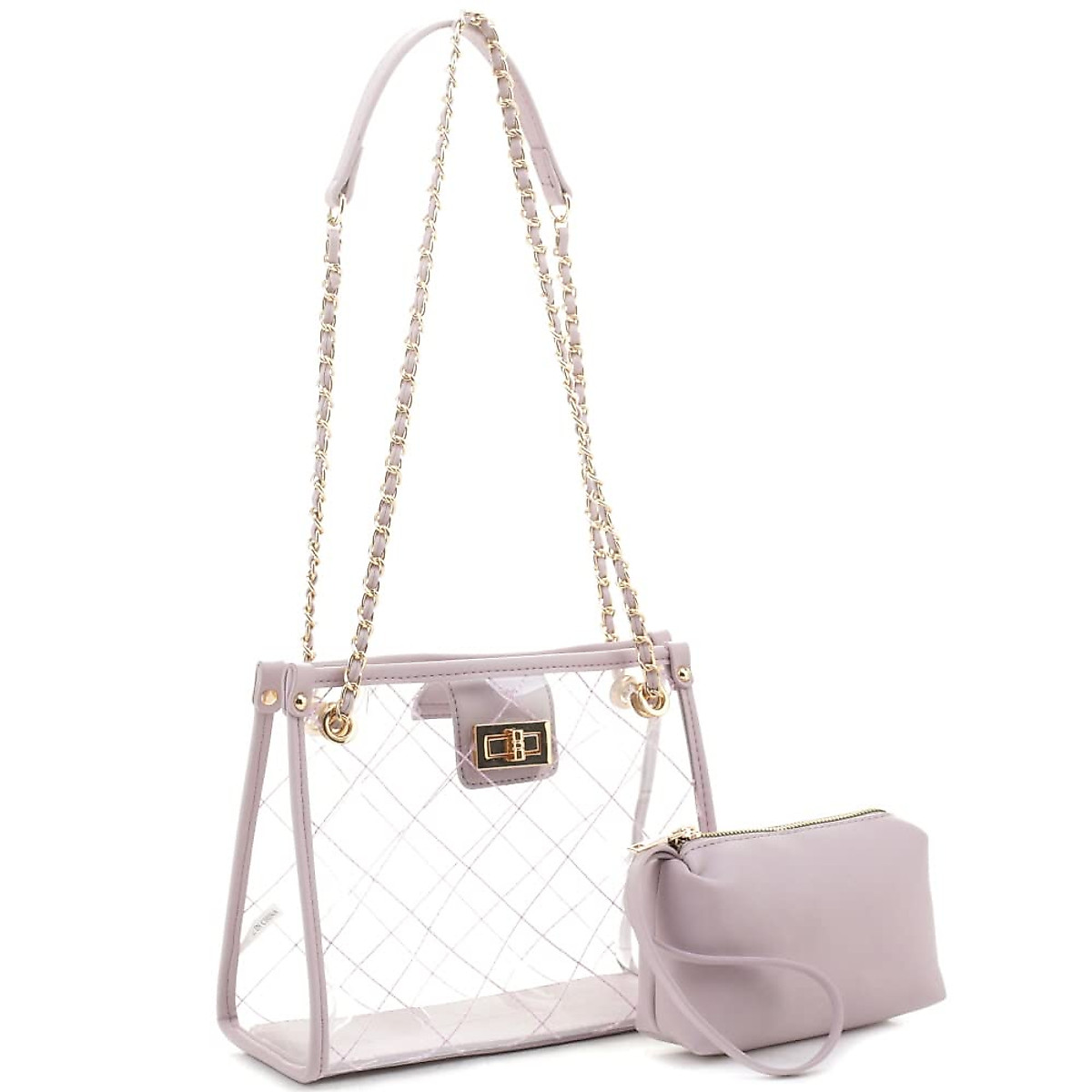 Stadium Concert Vegan Leather Transparent Clear Tote Bag Satchel Crossbody Purse Handbag (Chain 2 Way Square Tote - Light-Mauve [Lavender])