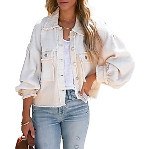 CHARTOU Women's Oversized Waffle Knit Shacket Cropped Color Block Jean Patchwork Blouse Shirt (Large, Cream)