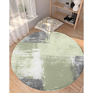 Modern Sage Green Fluffy Round Area Rug Carpets 5ft, Plush Shaggy Carpet Soft Circular Rugs, Non-Slip Fuzzy Accent Floor Mat for Living Room Bedroom Nursery Home Decor Abstract Grey White Painted Art