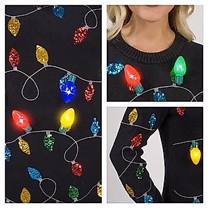 Giggling Getup Women's Black Long Christmas Dress with Colorful Light Up Bulbs, Cute Winter Themed Ugly Sweater, Light Bulb Xmas Dress