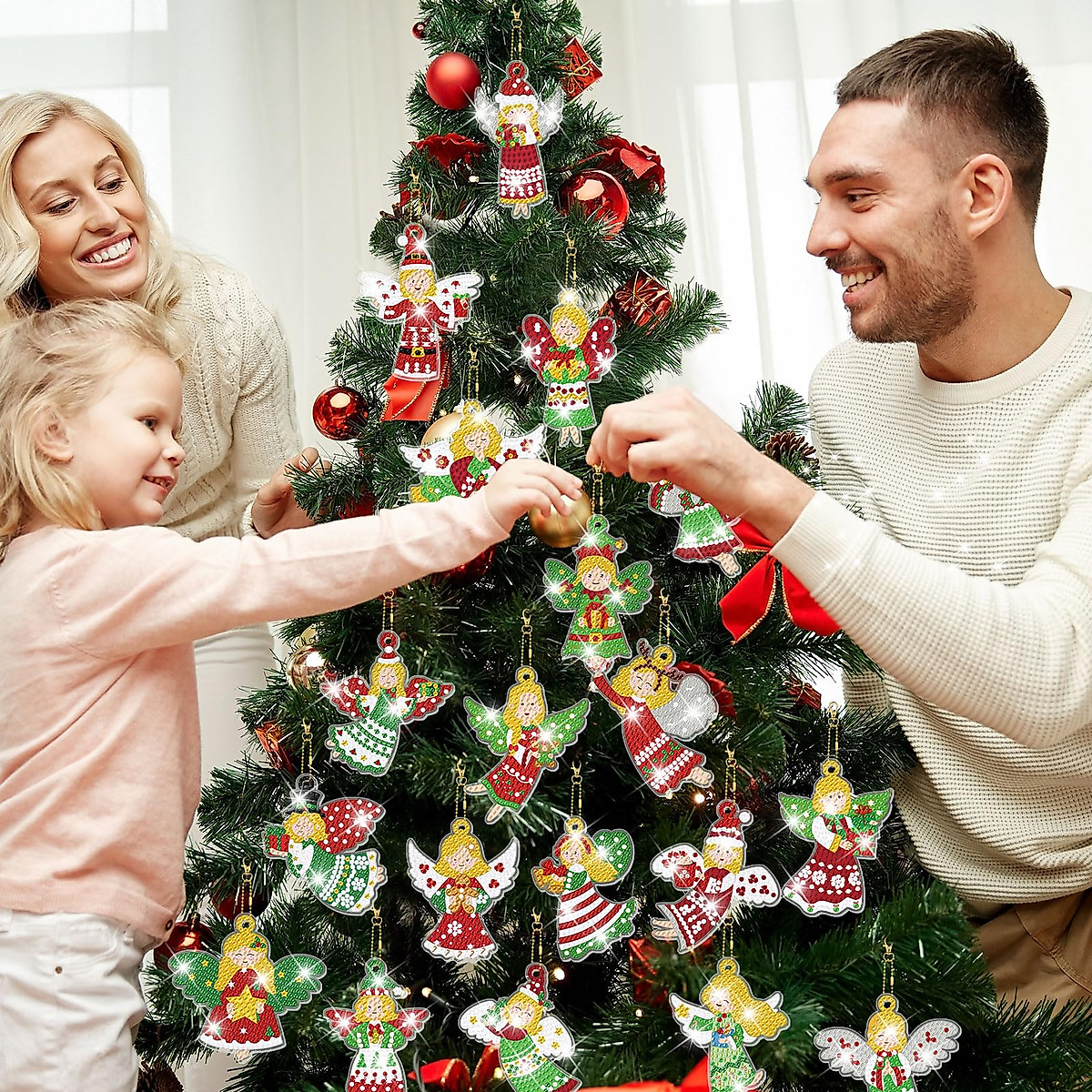 Tondiamo 20 Pcs Christmas Diamond Painting Keychain Kits 5D DIY Diamond Art Pendants Double Sided Hanging Key Chains for Christmas Party Decoration DIY(Angels Style)