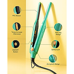 Wavytalk 3/10" Pencil Flat Iron for Short Hair, Edges and Touch-ups, Mini Flat Iron with Adjustable Temp & Anti-Pinch Design, Green