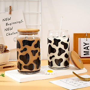 Whaline 2 Pack Cow Drinking Glasses 16oz Cow Print Glasses Cup Cute Cow Ice Coffee Cup with Bamboo Lids Glass Straw Cleaning Brushes for Cocktails Whiskey Beer Soda Gifts