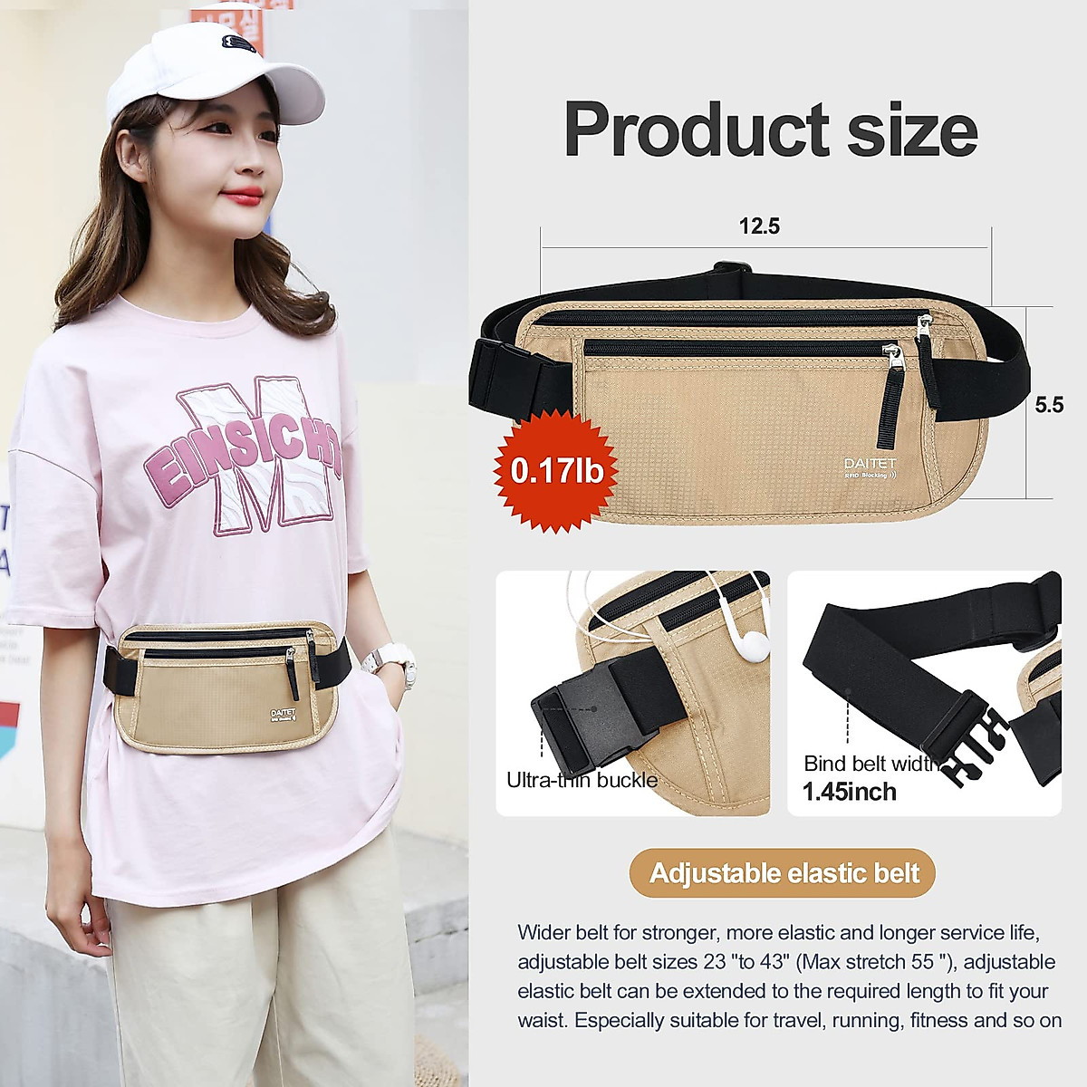 RFID Blocking Money Belt for Men Women, Slim Fanny Pack For Travel，Running,Conceal Waist Wallet For Passport Holder,Phone,Cash(Black Beige), Black Beige