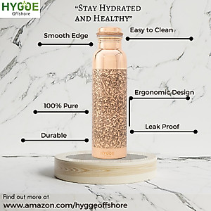 HYGGE Copper Water Bottle for Drinking – 34oz Engraved Pure Copper Water Bottle – Travel Water Bottle for Gym, Office, Hiking, Outdoor – Ayurvedic Water Bottle with Lid
