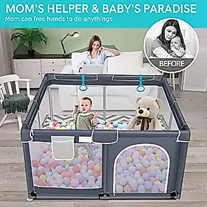 Tmsene Baby Playpen, Playard for Babies and Toddlers, Sturdy Safety Baby Fence with Breathable Mesh and Zipper Gates, Indoor & Outdoor Play Pens for Kids Activity Center (Grey)