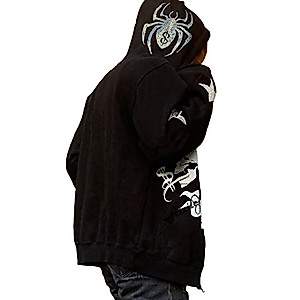 YEOU Women Rhinestone Y2K Spider Skeleton Hoodies Punk Jackets Streetwear Goth Harajuku Oversized Zip Up Hoodie (Black, S)