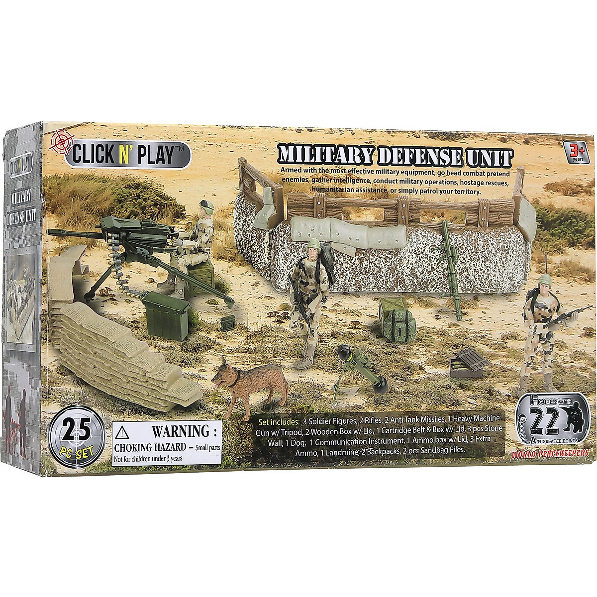 Click N' Play Military Toy Play Set | Trench Defense Unit Action Figures | 25 Pieces Army Men Toys for Boys | Military Toys for 3 Year Old Boys and Older