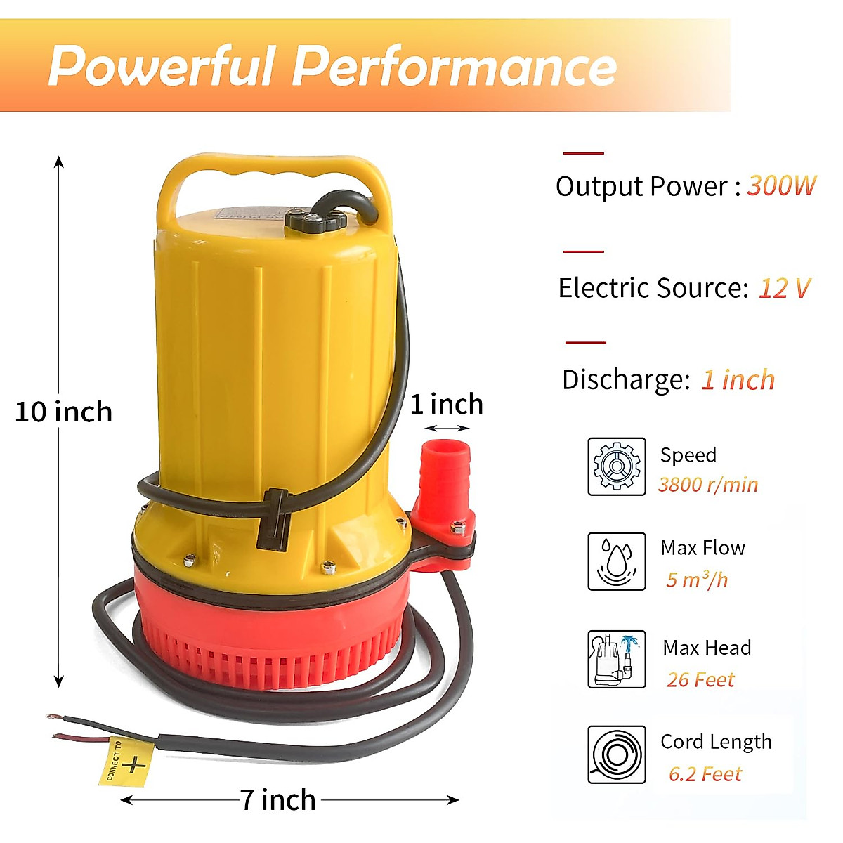 Socpuro Small Submersible Pump DC 12V 300W Portable Water Sump Pump for Pond Pumping, Pool Draining, Garden Irrigation
