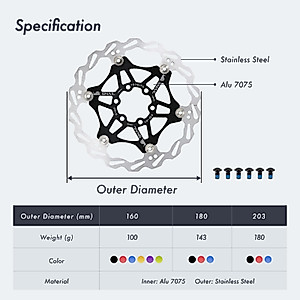 DJC Bike Brake Disc Rotor MTB Floating Brake Disc 160mm 180mm 203mm with 6 bolts Road Bike MTB BMX Steel Aluminum Brake Disc (6# purple, 160mm)