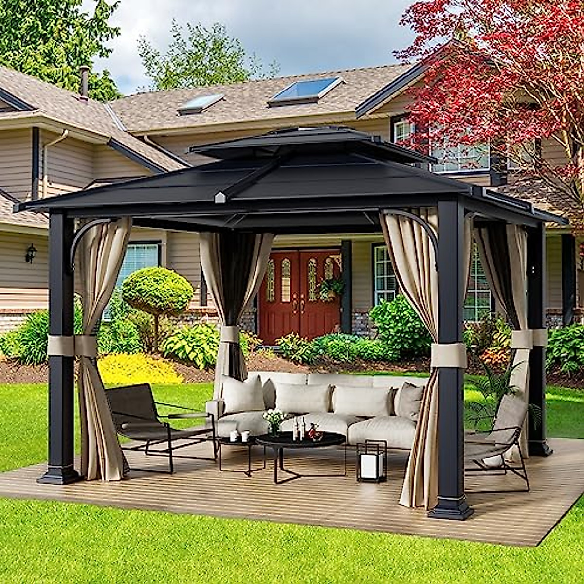 Metal Gazebo 10x12 Ft W/Double Roof, Anti-Rust Coating Permanent Iron Hardtop Outdoor Waterproof Pergola w/Curtains & Netting, Steel Hard Top Gazebo for Patio Backyard Garden Lawn Deck, w/Hook Design