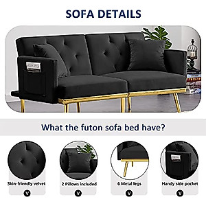60"Convertible Folding Futon Sofa Bed with 2 Pillows and Armrest,Modern Velvet Sleeper Couch Bed with 3 Adjustable Backrests,Recliner Loveseat for Small Space,Living Room Bedroom Apartment (Black)