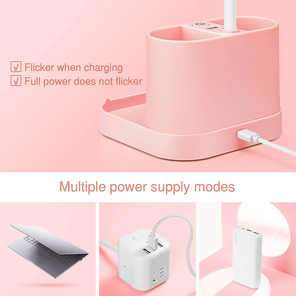 Mubarek Cute Desk Lamp Pink Lamp Cute Desk Accessories, 3 Modes 8W Dimmable Pink Desk Lamp+Organizers, Pink Desk Accessories Kawaii Desk Accessories, Cute Lamp Cute Desk Decor Cute Office Supplies