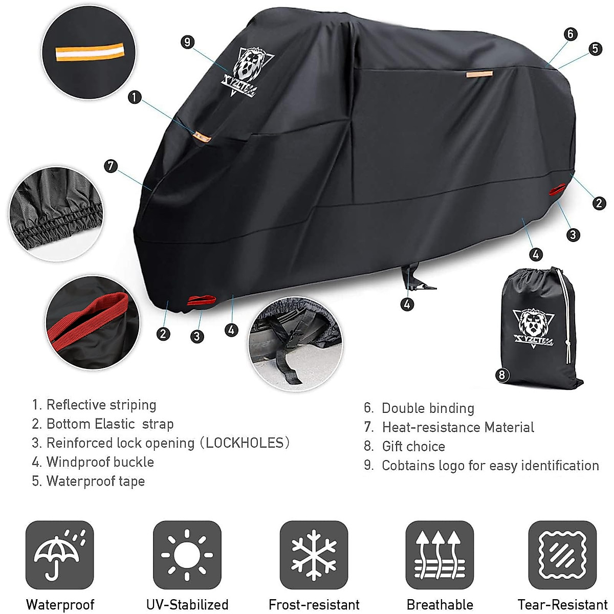 XYZCTEM Motorcycle Cover -Waterproof Outdoor Storage Bag,Made of Heavy Duty Material, Fits up to 116" Harley Davison and All Motors(Black& Lockholes& Professional Windproof Strap) (XXXL)