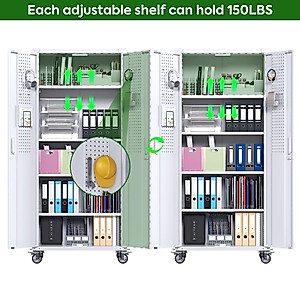 Aobabo Upgraded White Metal Storage Cabinet with Pegboard, 72In Rolling, Lockable Cabinet with 2 Doors & 4 Shelves for Office & Home， Assembly Required