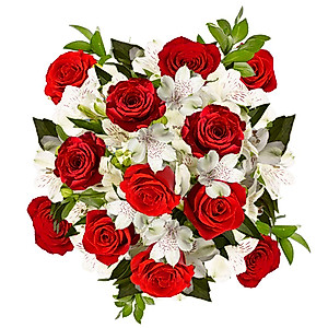 Red and White Flower Bouquet- Roses and Alstroemerias with Greens- Fresh Flower Arrangement