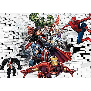 Superman Theme Photography Backdrop Super City Spiderman White Brick Wall Photo Background for Superhero Spiderman Kids Birthday Party Cake Tale Decor Banner Studio Booth Props 7x5ft