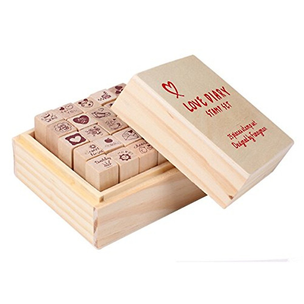 Pack of 25 Pcs Small Heart Shape Wooden Rubber Stamps with Box for DIY Craft Card and Photo Album (Red)