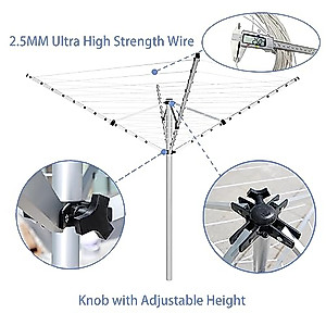 Umbrella Clothesline Outdoor 4 Arms 12 Rows, 165 Feet Rotatable, Foldable Outdoor Clothesline, Aluminum Alloy Material Silver Gray Clothes Drying Rack Outdoor With Metal Ground Insert, Extension Rod
