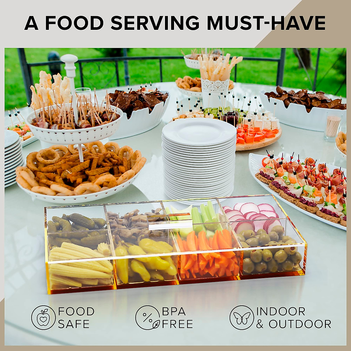 Snack Serving Tray Gift Box - Empty Divided Appetizer Serving Tray Set with Lid, Sectional Nuts & Dry Fruit Tray, Candy Dish, Veggie Serving Platter, Acrylic Clear & Gold, 8 Compartments, by Elavain