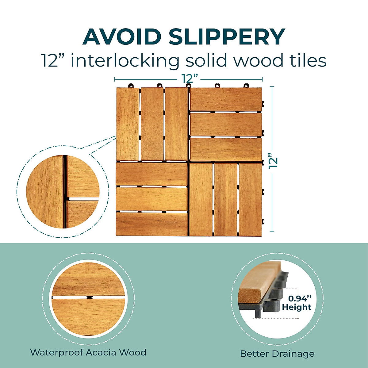 CLOVERHOLM 10Pcs Interlocking Deck Tiles - Waterproof 12”x12” Acacia Wood Tiles, Patio Tiles for Indoor and Outdoor, interlocking outdoor floor tiles, pavers, 12 Slats Checker Pattern (Natural, 12in)