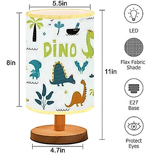 IEINTABRWNER Boho Bedside Table lamp Dinosaur Cute Kids colllection Set Little Cute Dinos Baby Dino Solid Wooden Base Flaxen Fabric Shade Nightstand Lamps for Bedroom Boy's Room Desk Light 5.5x11in