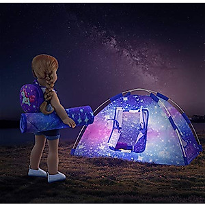 Ecore Fun 5 Items 18 inch Dolls Camping Tent Set and Accessories Including Girl Doll Tent, Sleeping Bag, Backpack, Toy Camera and Dog