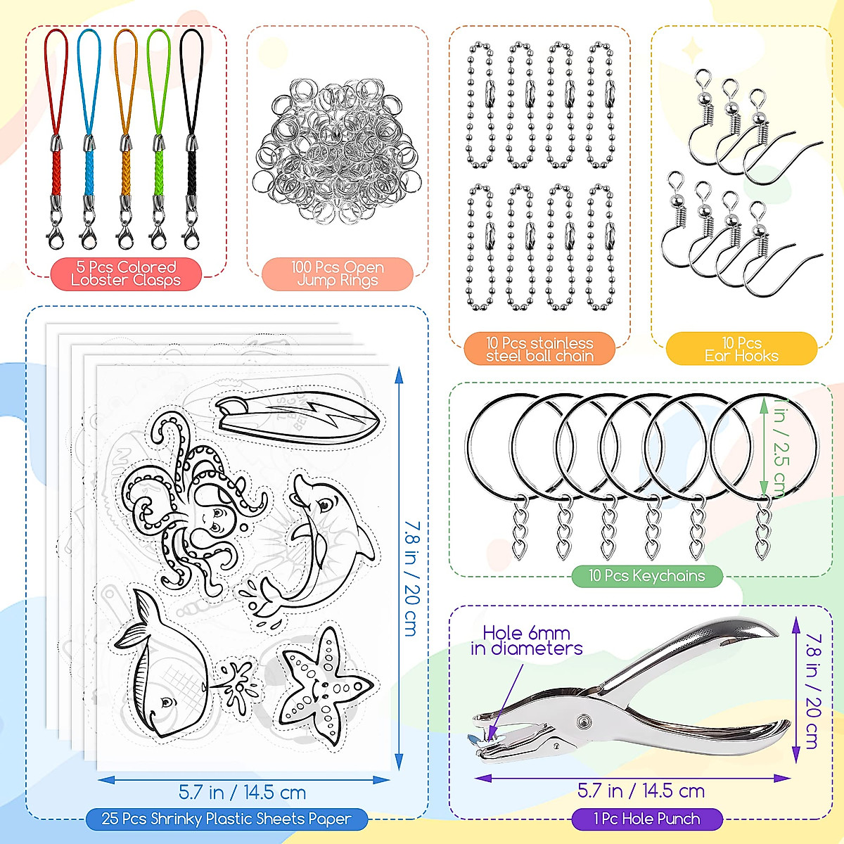 PETDCHEB Shrink Paper Kit, 160 Pieces Art Craft Kit Including 25 Patterned Shrink Plastic Sheets, Keychain and Jewelry Accessories for Kids Creative Craft Making