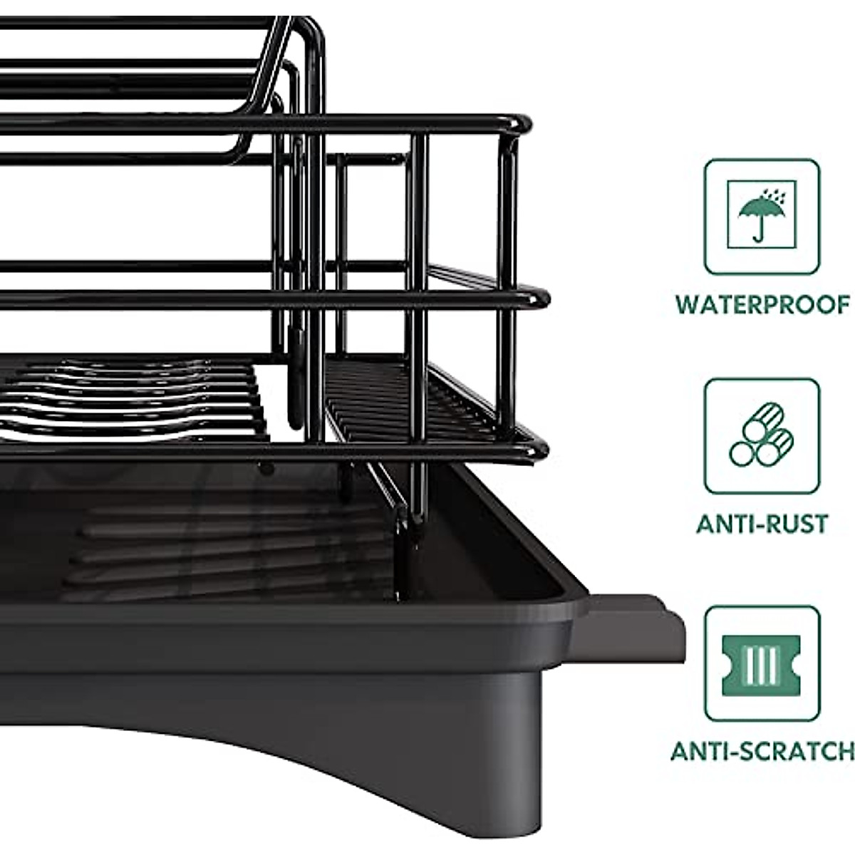 MAJALiS Dish Drying Rack Drainboard Set, 2 Tier Stainless Steel Large Dish Racks with Drainage, Wine Glass Holder, Utensil Holder and Extra Drying Mat, Dish Drainers for Kitchen Counter (Black)