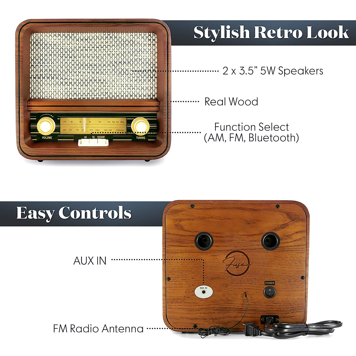 Fuse RAD-V1 Vintage Wood Retro Radio | AM/FM Radio Speaker with Bluetooth & AUX Input | Mid Century Modern Style | Real Handcrafted Ashtree Wood Exterior