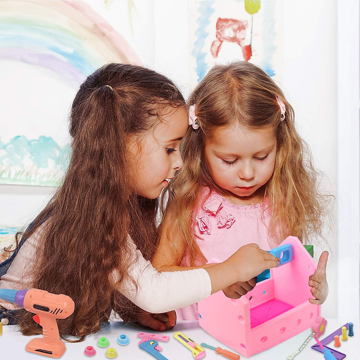 Gifts2U Toy Tool Set for Girls Pretend Play Toy with Play Drill Tool Box, Vest Costume and Toy Tape Measure, Pink Toy Tool Set Learning Tool Kit for Girls Toddlers Boys Age 3 4 5 6 Home Stem DIY Gifts