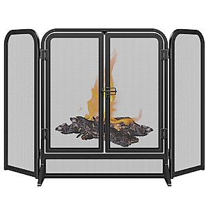 Mr IRONSTONE 3 Panel Fireplace Screen 51.5" W x 32.5" H Modern Foldable with Wrought Metal Decorative Mesh, Heavy Duty Fire Spark Guard Cover for Home Decor Indoor, Black