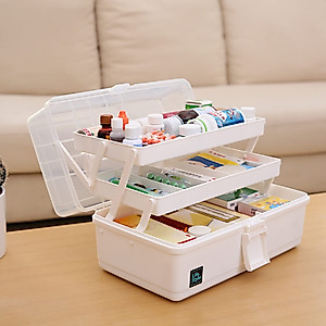 Creahaus 13 inch Art Craft Organizer Storage Box with 3 Layer, Multipurpose Plastic Tool Box with Handle for Sewing, Art Supply, Medicine, Nail, Hair Accessories (White)