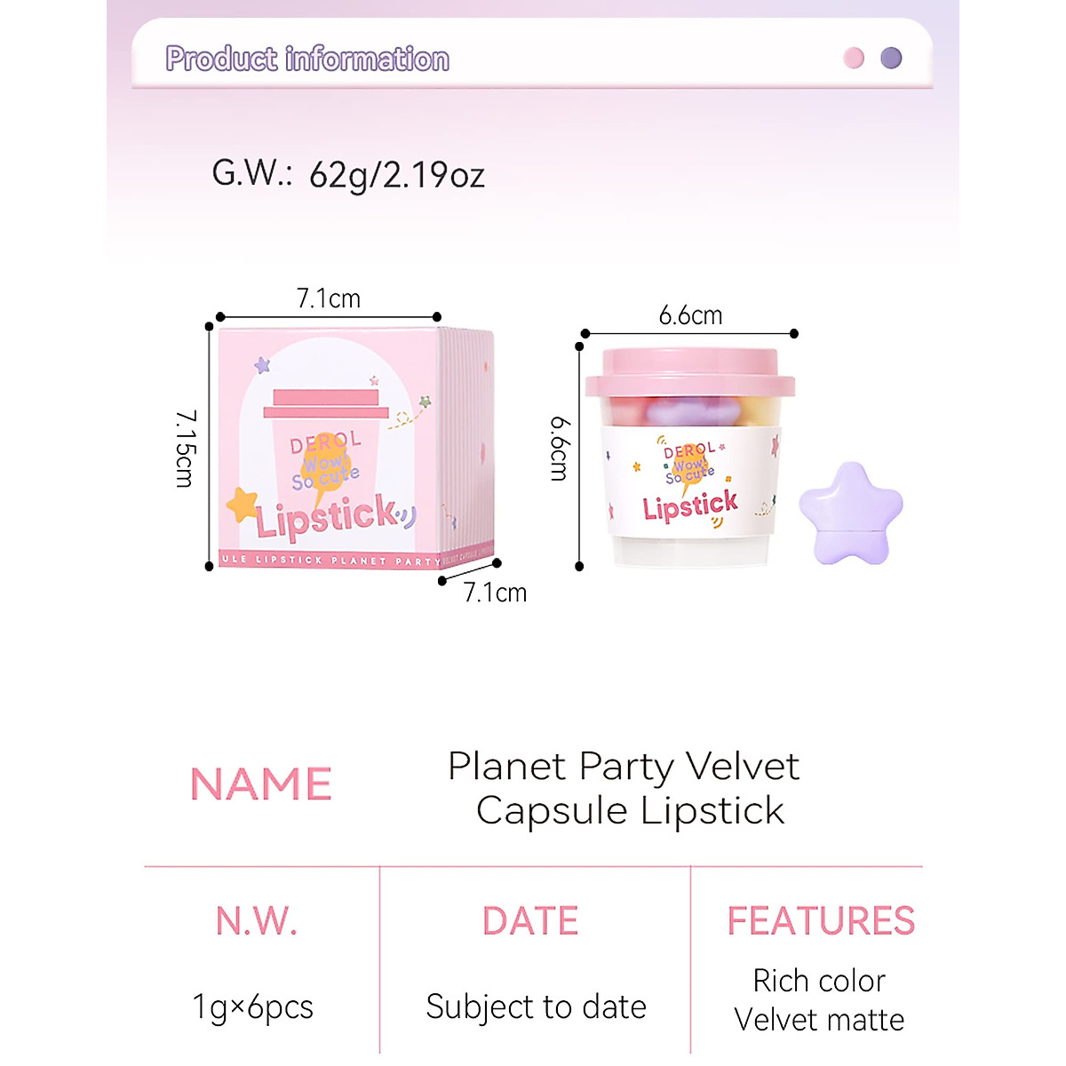 AKARY 6 Colors Mini Lipstick Set, High Pigment Stars Candy Matte Multicolor Red Lips Velvety Soft Lip Stick Waterproof Long Lasting Cute Capsule Lip Gloss, Non-Stick Cup Lip Makeup Gift Set for Women Girls