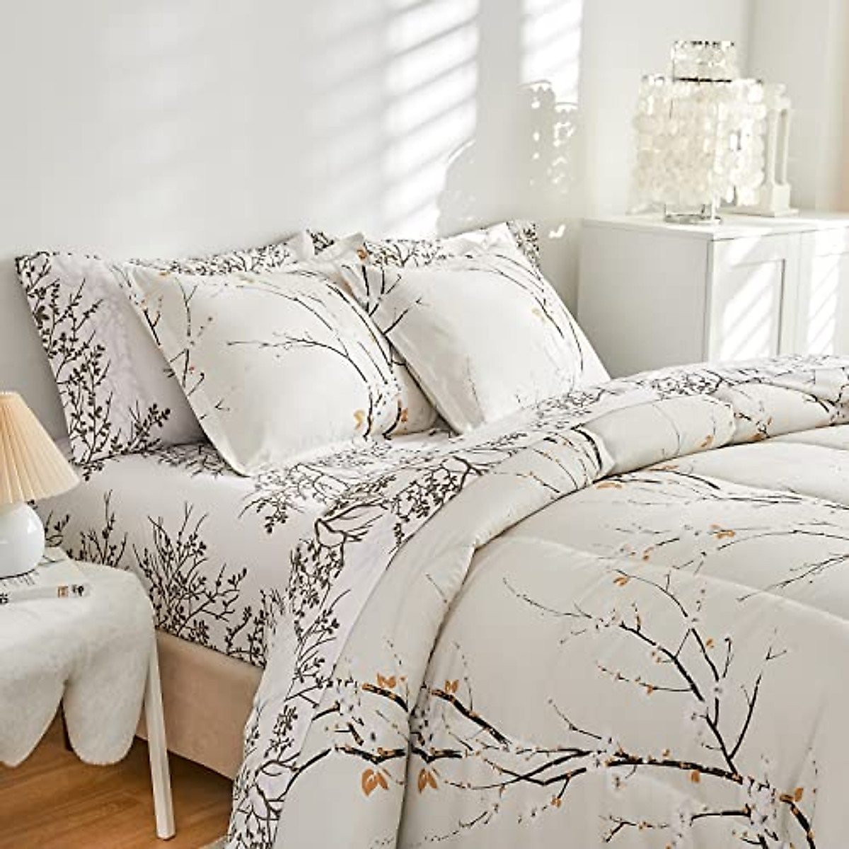 UOZZI BEDDING Cream White Bed in a Bag Twin 6 pc Branch Style All Season Soft Microfiber Reversible Bed Comforter Set (1 Comforter 2 Pillow Shams 1 Flat Sheet 1 Fitted Sheet 1 Pillowcases)