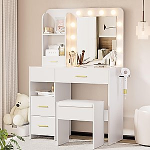 Otterease Vanity Desk with LED Lighted Mirror&Power Outlet, 3 Lighting Colors Makeup Vanity Desk with 5 Large Drawers and 3 Storage Shelves, Vanity with Storage Stool for Bedroom, White