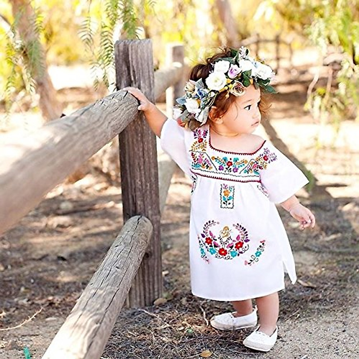 Kashoer Newborn Toddler Baby Girls Ethnic Embroidery Floral Dress Long Sleeve Party Sundress Skirt (6-12Months, White)
