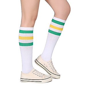 Henwarry 3 Pairs Classic Triple Stripes Over the Calf Cotton Retro Tube Socks for Men and Women (B04-Green/Yellow/White)