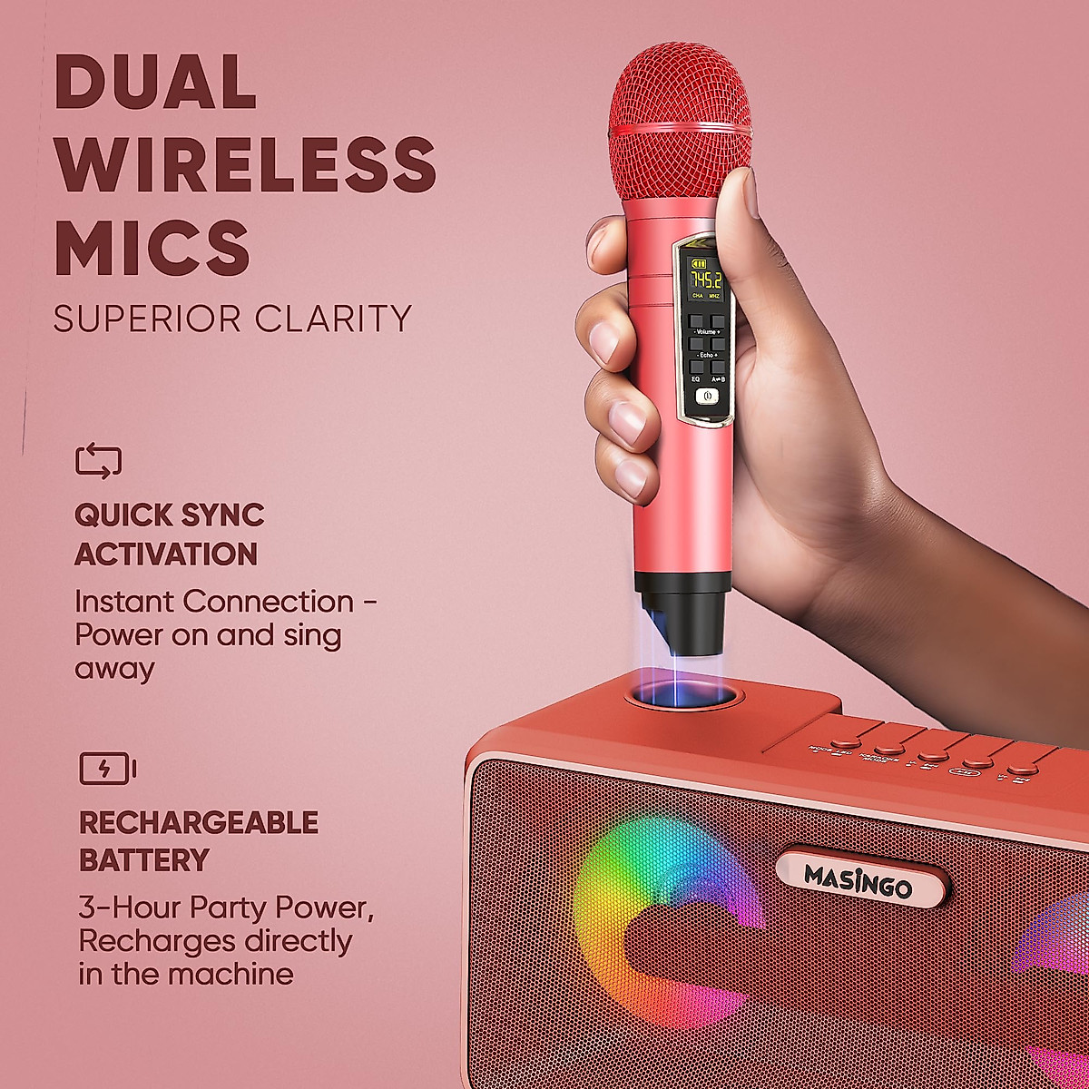 MASINGO Karaoke Machine for Adults and Kids with 2 Wireless Microphones, Portable Bluetooth Singing Speaker, Colorful LED Lights, PA System, Lyrics Display Phone Holder, and TV Cable. Presto G2 Pink