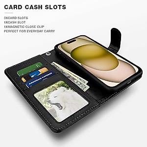 Shields Up for iPhone 15 Wallet Case, Detachable Magnetic Case Wallet with Card Holder & Strap for Girls/Women, Vegan Leather Floral Cover for iPhone 15 6.1 inch - Rose Flower/Sunflower