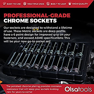 Olsa Tools Metric Socket Set (18pc) | 1/2-Inch Drive | 6-Point Deep Socket Set | Metric Sizes from 10 mm to 27 mm | Mechanic Metric Socket Sets | Long Chrome Sockets | Professional Grade