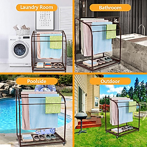 Flarhetoric Pool Towel Rack, Outdoor PVC Trapedozal Pool Storage Rack with 5 Towel Bars, Pool Float Storage with Wheels, Pool Towel Holder, Stores Floats and Paddles, Swimming Rings, Brown