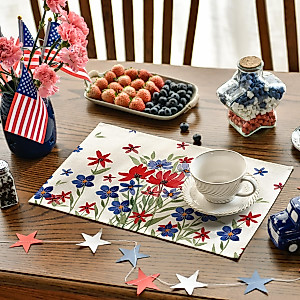 Artoid Mode Poppy Flowers Leaves 4th of July Placemats Set of 8, 12x18 Inch Featival Holiday Table Mats for Party Kitchen Dining Decoration
