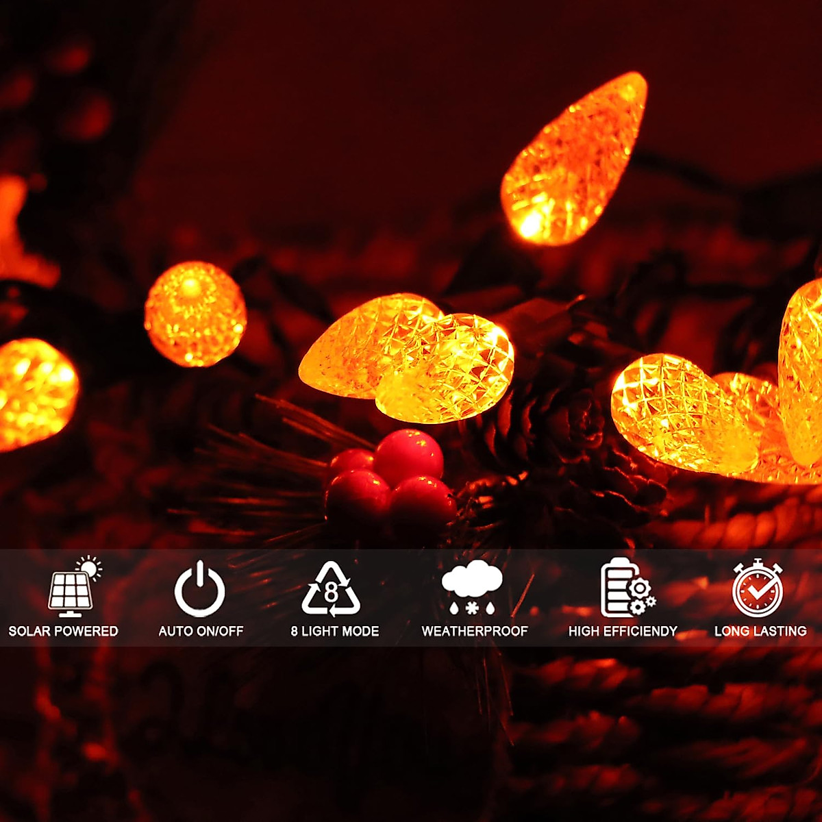 HUGSVIK 100 LED C6 Solar Orange Halloween Lights, 8 Modes Orange Christmas Lights for Outdoor, Waterproof Solar Orange Lights for Halloween, Christmas Tree Thanksgiving, Fall Garden Yard and Patio