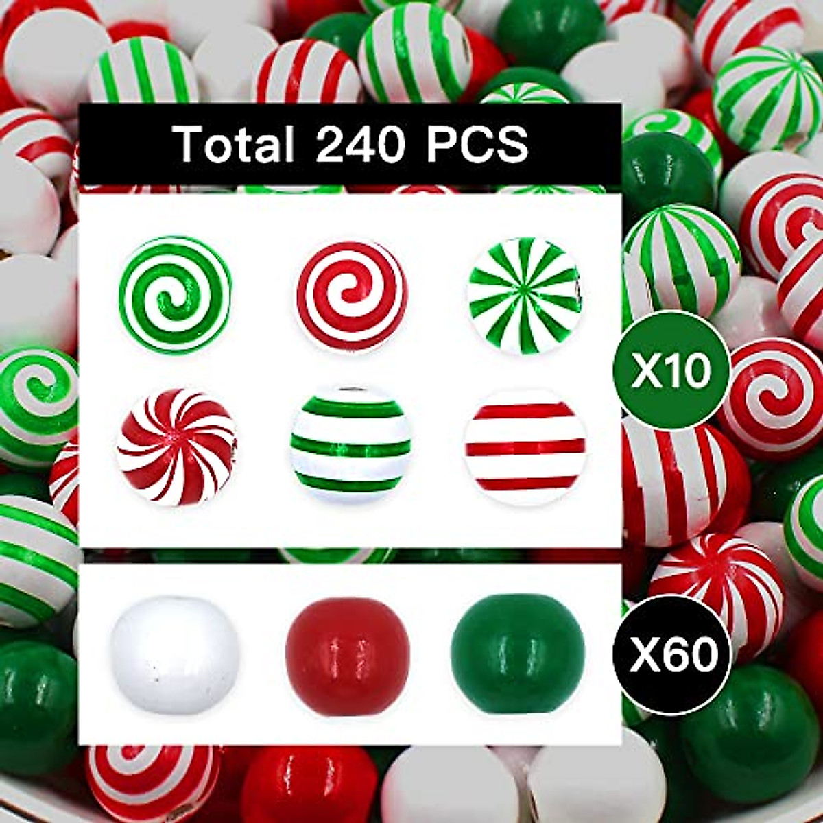 240 PCS Christmas Candy Wooden Beads, Lollipop Candy Swirl Beads with Color of Red Green White, Round Craft Bead for DIY Garland Jewelry Craft for Xmas Tree Party Supplies Home Decoration