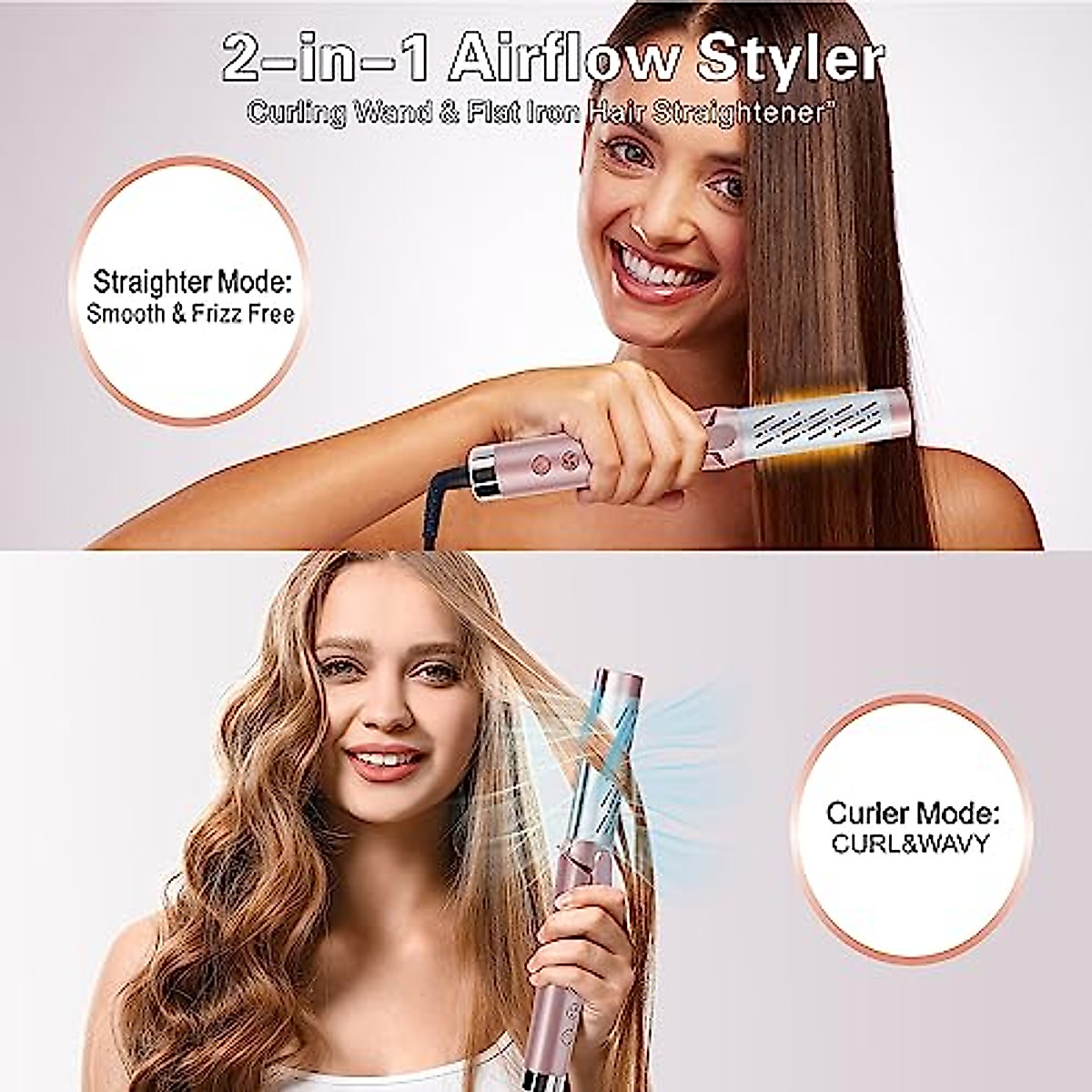 TOP4EVER Pro 2-in-1 Airflow Styler: Curling Wand & Flat Iron Hair Straightener | 360° Cool Air Vents for Curls & Waves | Ionic Ceramic Technology | 5 Adjustable Temps, Dual Voltage