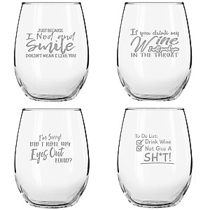 Set of 4 Crude & Rude Funny Wine Glasses (15 oz)- Novelty Glassware Gifts for Women- Hilarious Party, Event, Hosting Fun- Wine Lover Glass w/Funny Sayings- Birthday Wine Gift for Friends- Made in USA