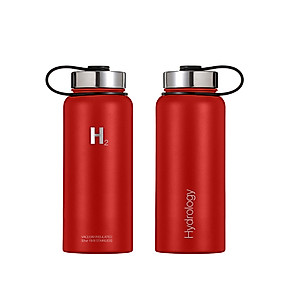 H2 Hydrology Water Bottle - 18 oz, 22 oz, 32 oz, 40 oz, or 64 oz with 3 LIDS Double Wall Vacuum Insulated Stainless Steel Wide Mouth Sports Hot & Cold Thermos (32 oz, Red)