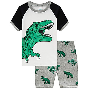 Akyzic Dinosaur Pajamas for Boys 100% Cotton Toddler T-Rex Pjs 2 Piece Jammies Short Sleeve Sleepwear Kids Summer Clothes Set Outfits Dino Pj Set 6t